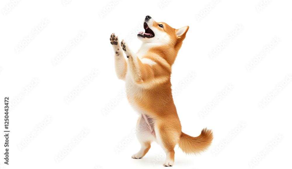 White background, photograph of a Shiba Inu dog standing on its hind ...