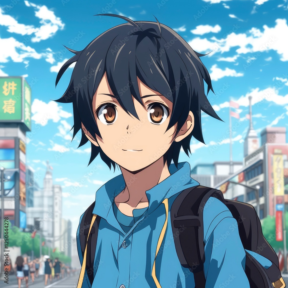 Young boy anime style character. Manga Anime Boy in colorful background ...