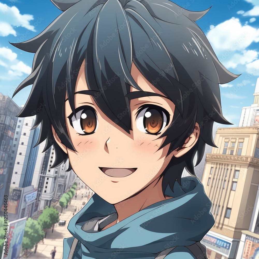 Young boy anime style character. Manga Anime Boy in colorful background ...
