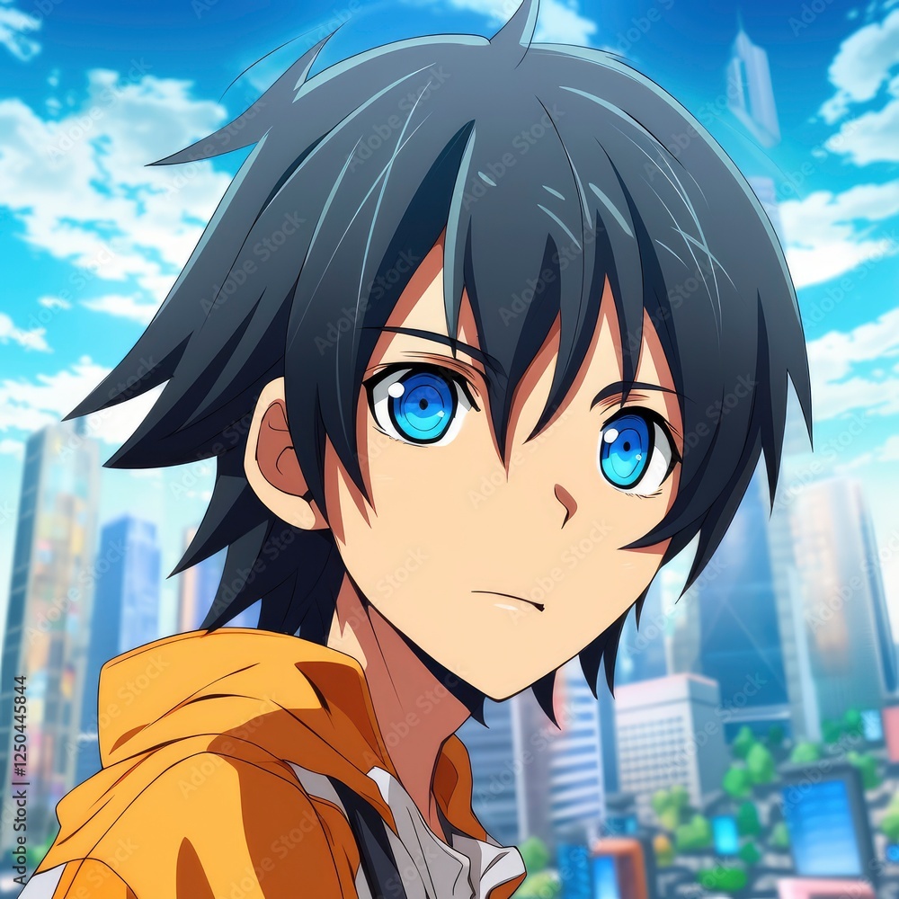 Young boy anime style character. Manga Anime Boy in colorful background ...