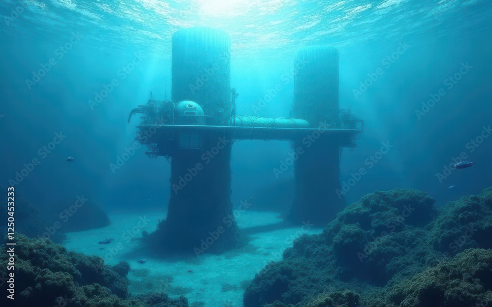 Underwater Oil Rig Structure Surrounded by Vibrant Marine Life Stock ...
