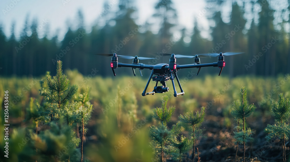 A drone-powered reforestation system dispersing seeds over a vast ...