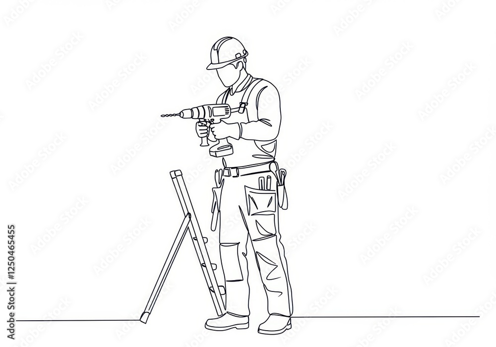 line drawing, construction worker, power drill, ladder, safety helmet ...