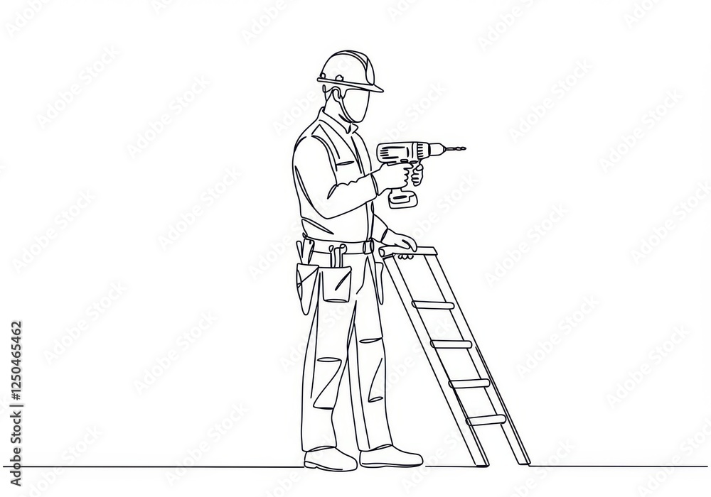line drawing, construction worker, power drill, ladder, safety helmet ...