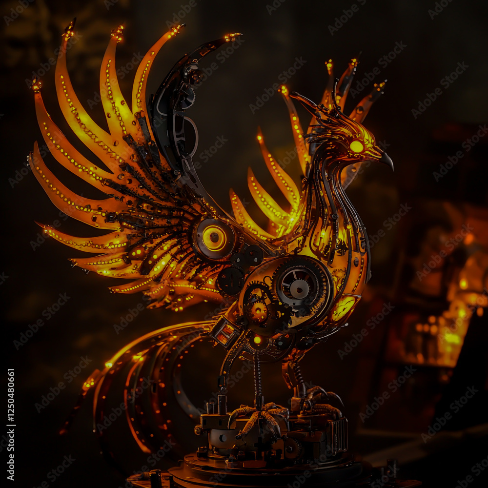 Mechanical Phoenix A Glowing, Steampunk-inspired Bird Rising from the ...