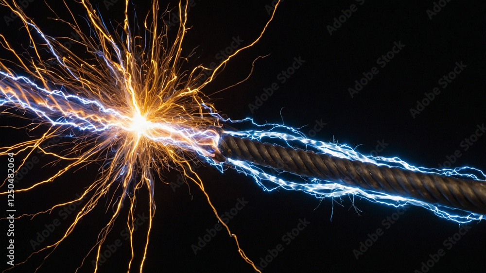 Electrical discharge with sparks concept between two electric cables ...