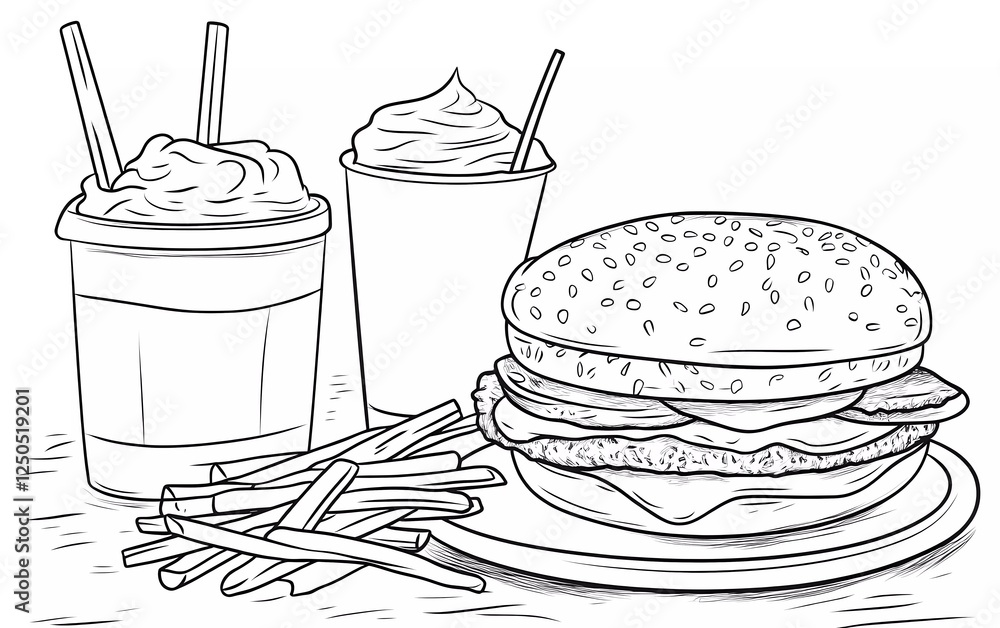 Fast food restaurant table with a burger, fries, and milkshake coloring ...