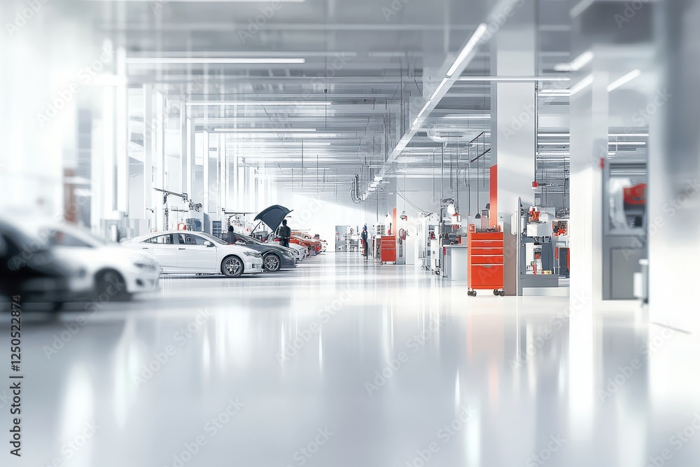 Modern spacious auto repair shop interior with cars. Stock Photo ...