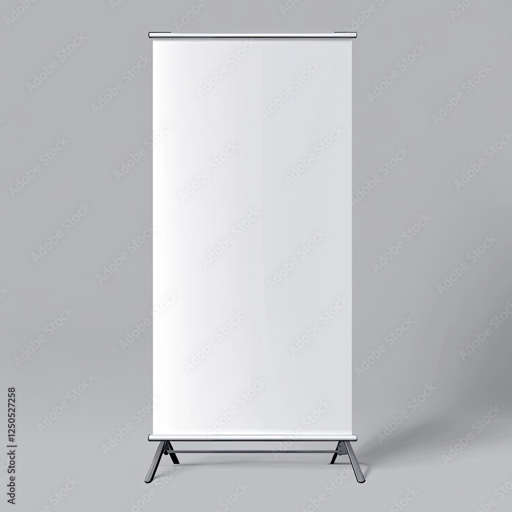 Blank retractable banner stand, grey studio background, advertising ...