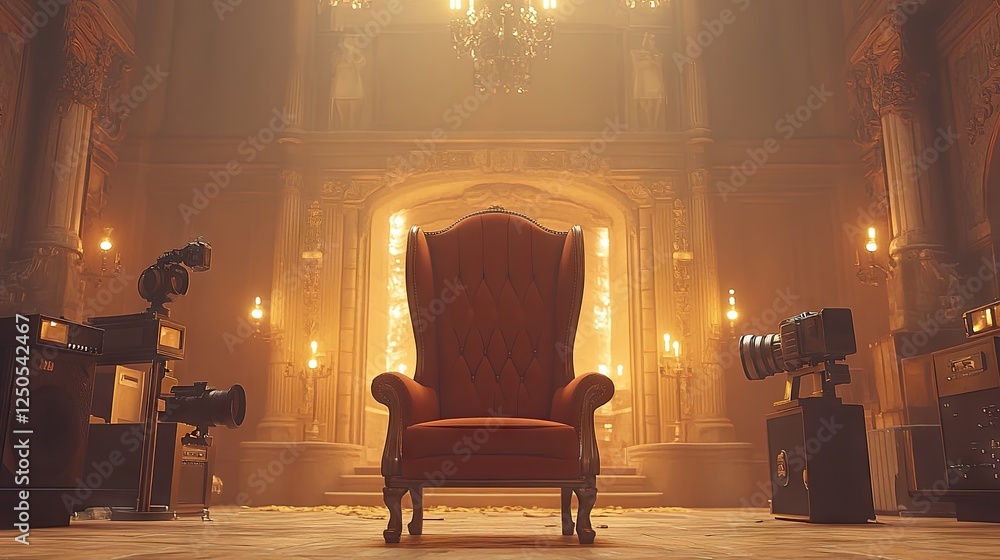 Grand throne room filming; opulent chair, cameras Stock Illustration ...