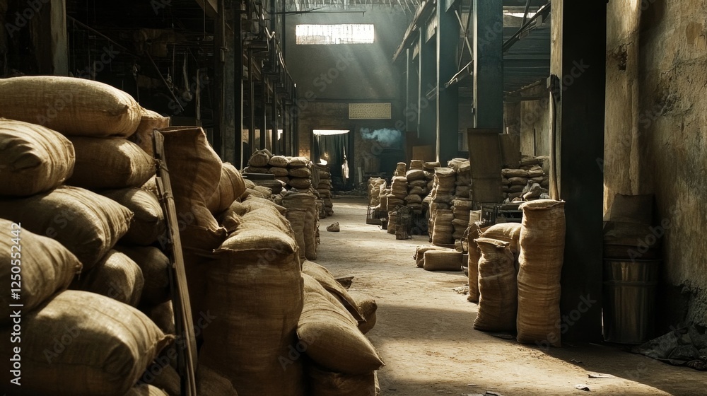 Sacks of rice awaiting shipment warehouse industrial scene bustling ...