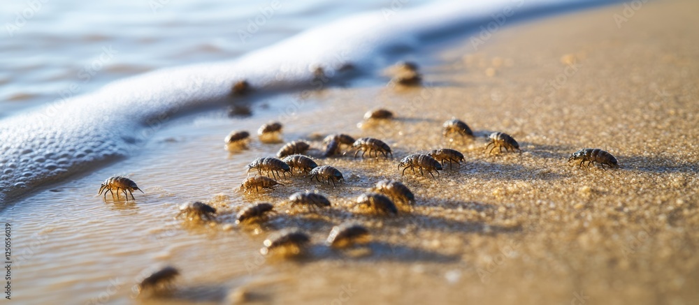 Sand fleas scattered on sandy beach at Botany Bay in Broadstairs UK ...