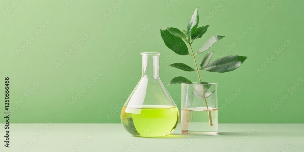 Eco-Lab Display Minimalist Glass Beaker with Green Solution and Leaf ...