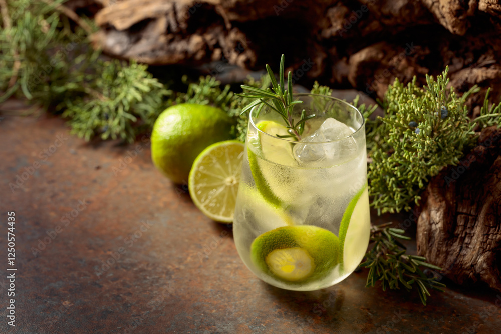 Cocktail: gin and tonic with ice, lime, and rosemary on a rustic ...