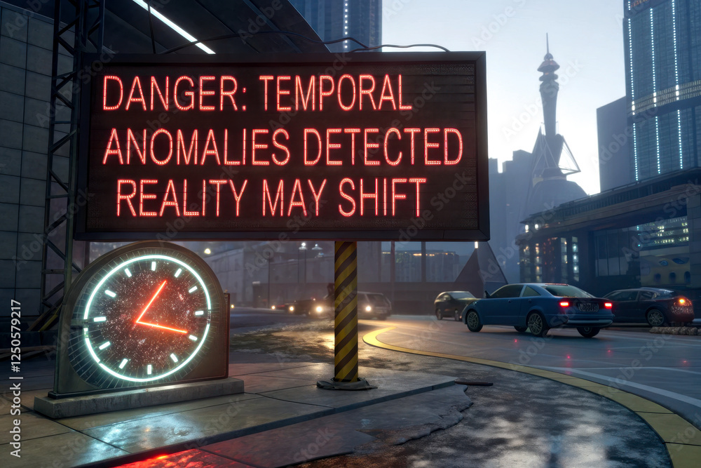 A futuristic cityscape with a warning sign about temporal anomalies ...