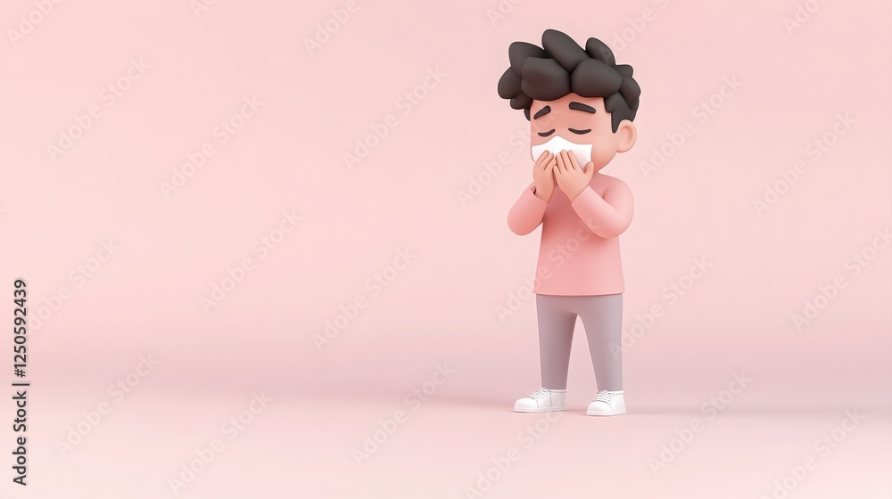 Sneezing and blowing your nose 3D concept. A cartoon boy sneezes into a ...