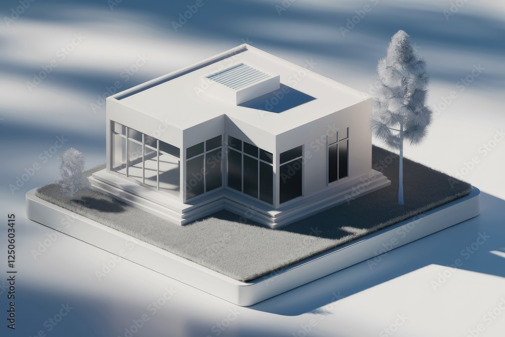 Modern minimalist house design with large windows, set on a small ...