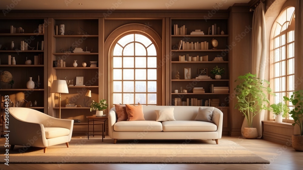 Sunlit Cozy Elegant Home Library with Window and Books: An Empty Room ...