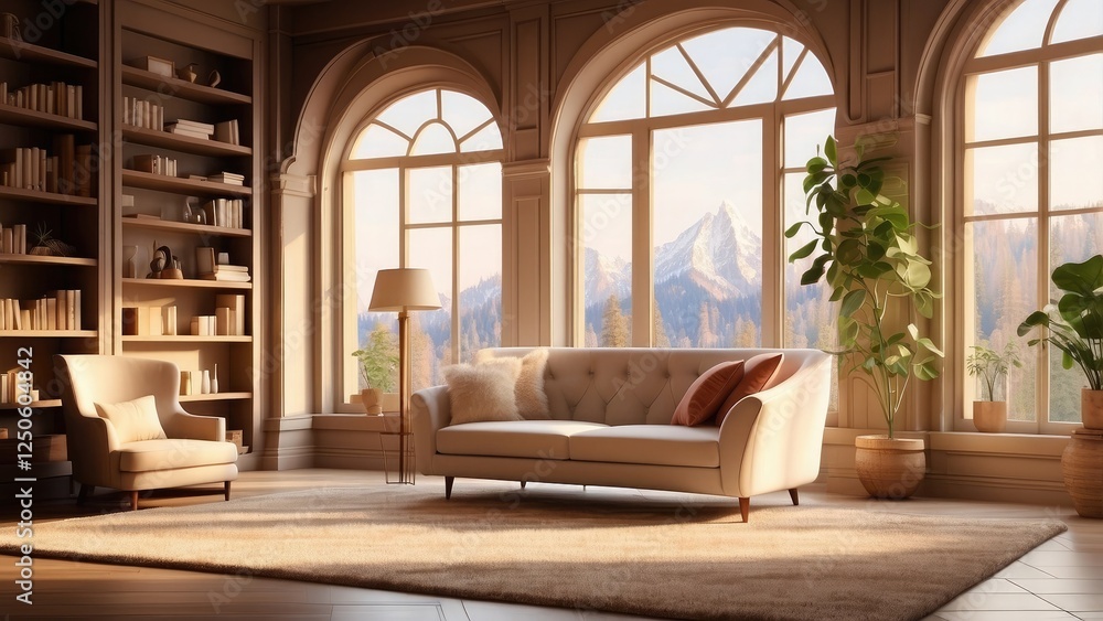 Sunlit Cozy Elegant Home Library with Window and Books: An Empty Room ...