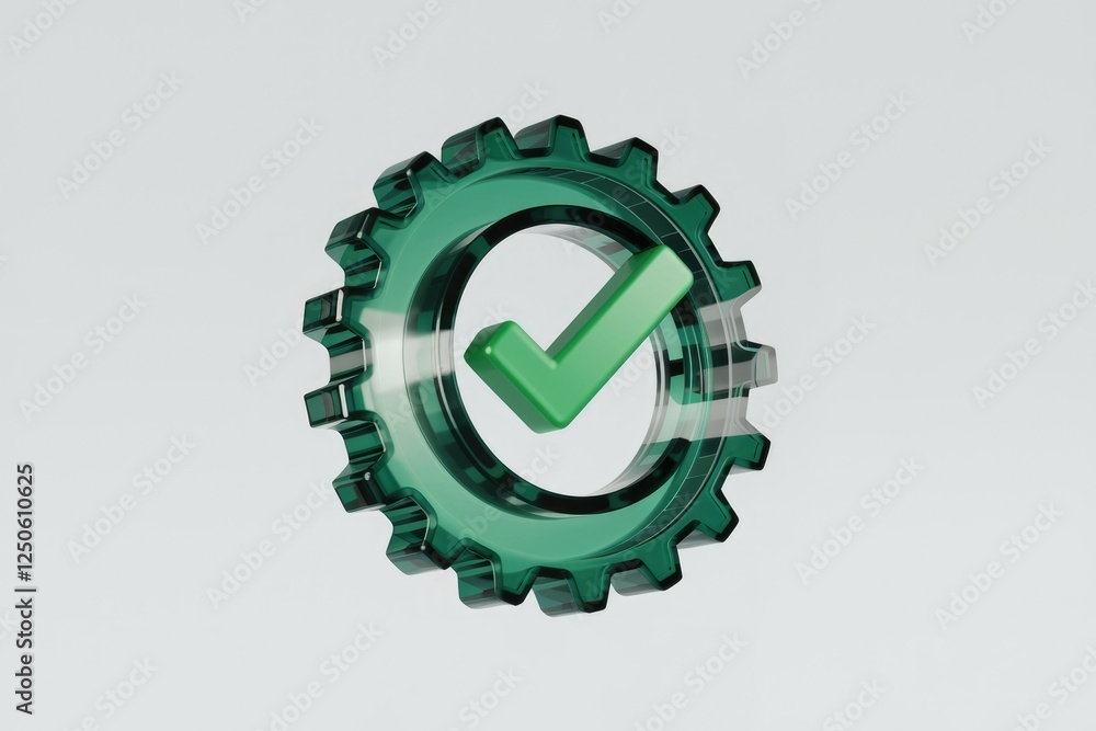 Green glass gear with a checkmark, symbolizes successful process completion and efficiency ...