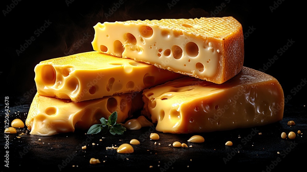 Three types of cheese on a black background: on the left, a cluster of ...