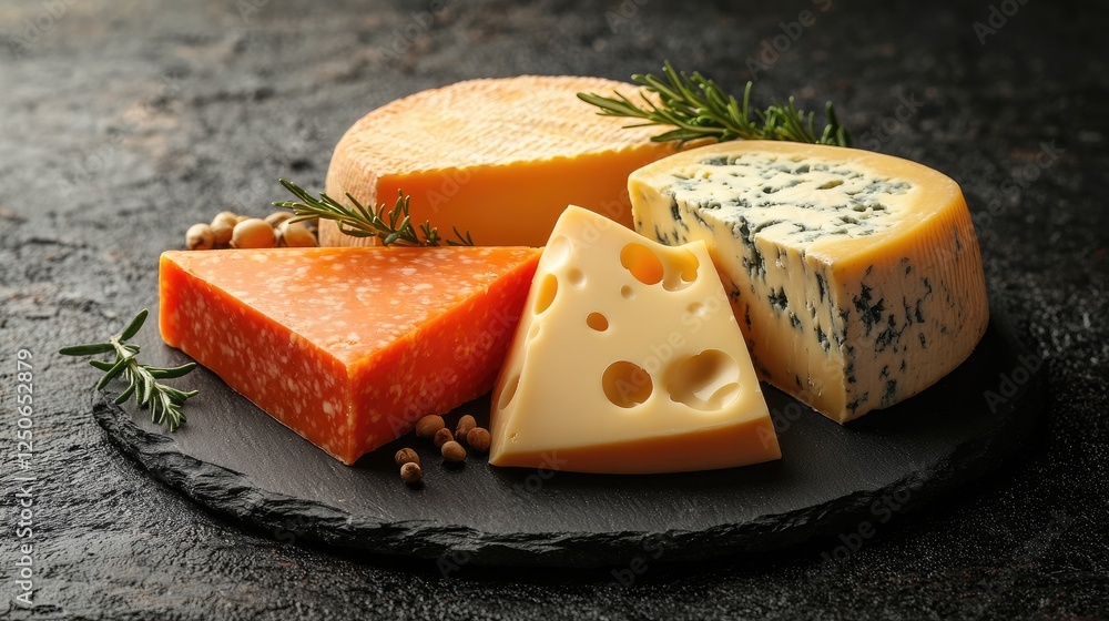 Three types of cheese on a black background: on the left, a cluster of ...