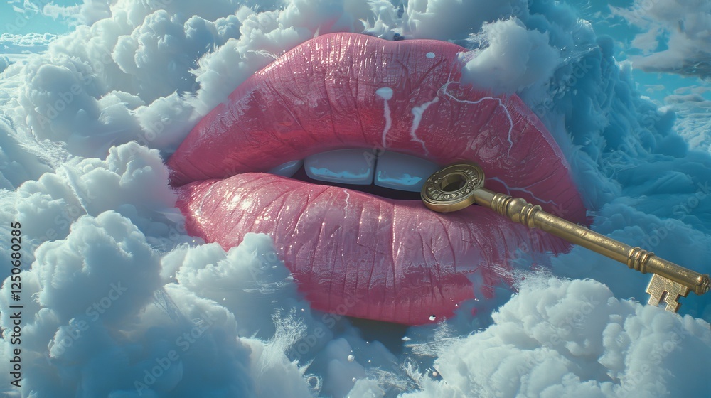 Surreal colorful lips from a fluffy cloud holding a golden key ...