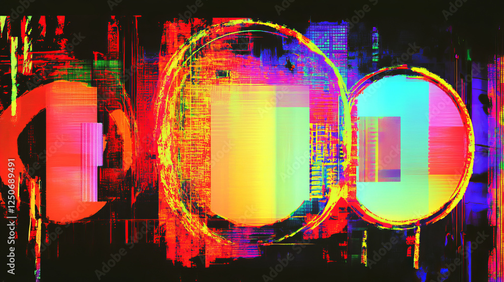 Glitch digital frames, circles with neon light effect, vector TV VHS ...