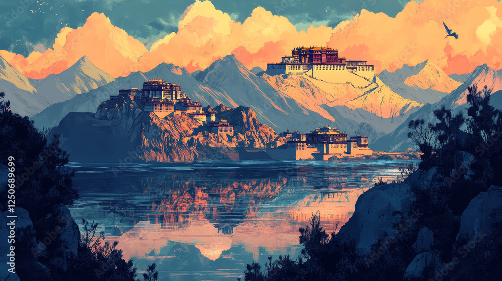 Stock-Illustration „Tibetan Buddhism, vector vintage retro poster ...