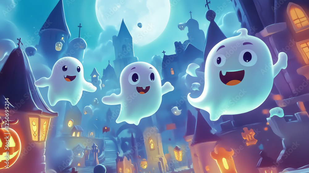 Halloween I spy game worksheet with flying kawaii ghost characters ...