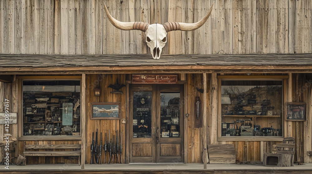 Western Wild West, gun shop building in Texas, vector country town ...