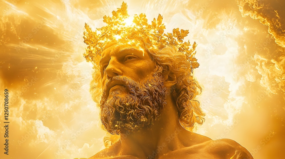 51. A radiant depiction of Helios with his solar crown on a golden ...