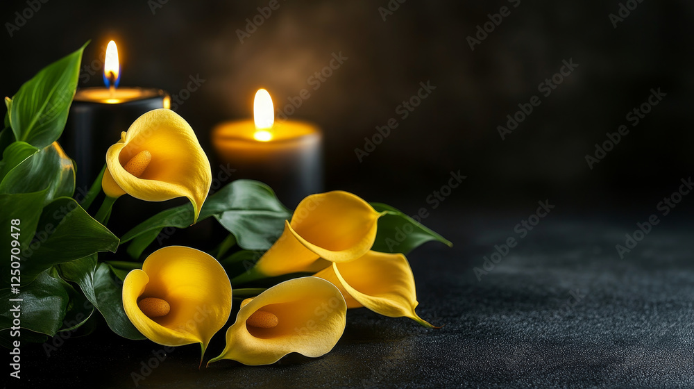 Funeral vector card with yellow calla flowers and burning candle ...