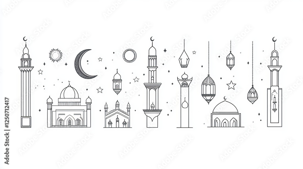 Ramadan Kareem greeting cards, line Quran book and Muslim mosque ...