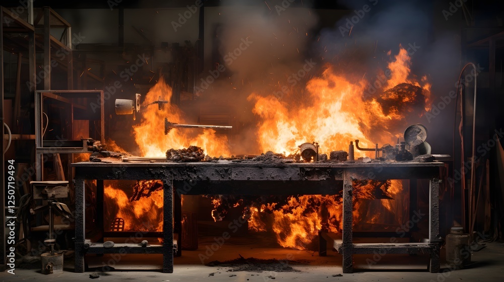 Burning Workbench in Garage with Melting Tools Amid Intense Flames and ...