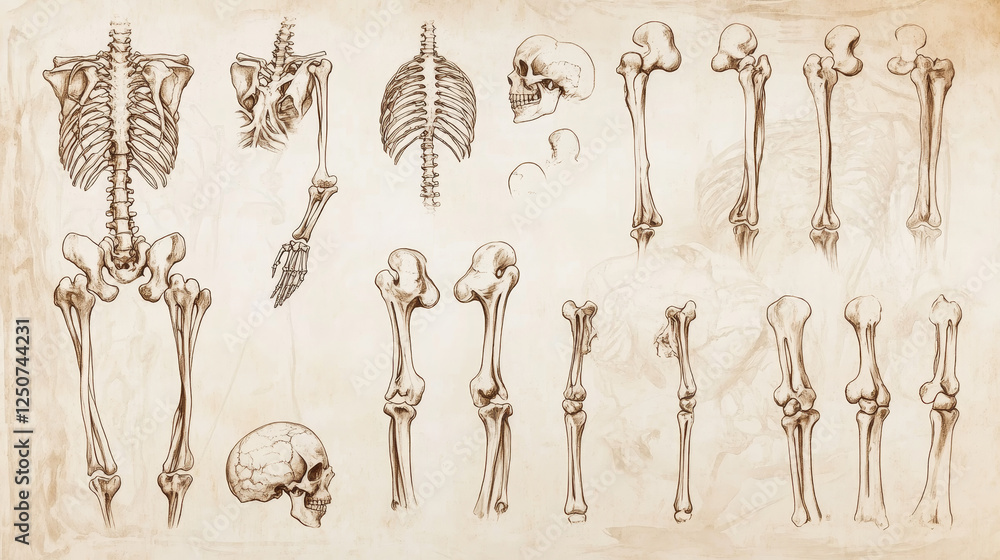 Bone and joints sketches set. Human skeleton hand, knee and shoulder ...