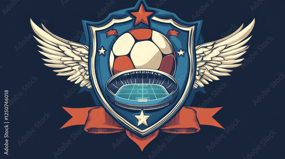 Football stadium with soccer ball badges. Football sport arena with ...