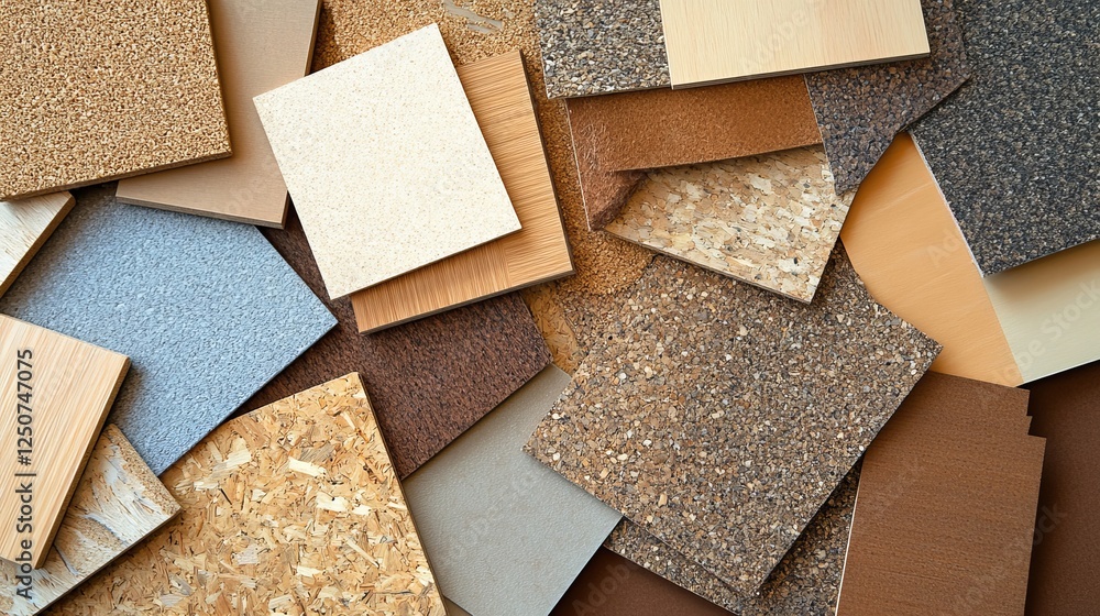 Top-down view of interior finishing material samples, including ...