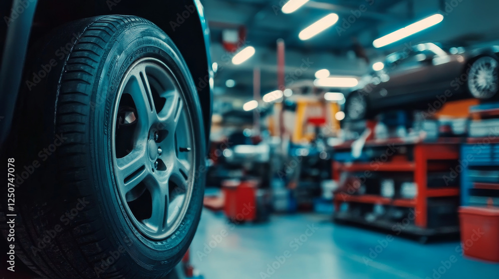 Car mechanic scheme with steering wheels, crankshaft, battery, gear ...