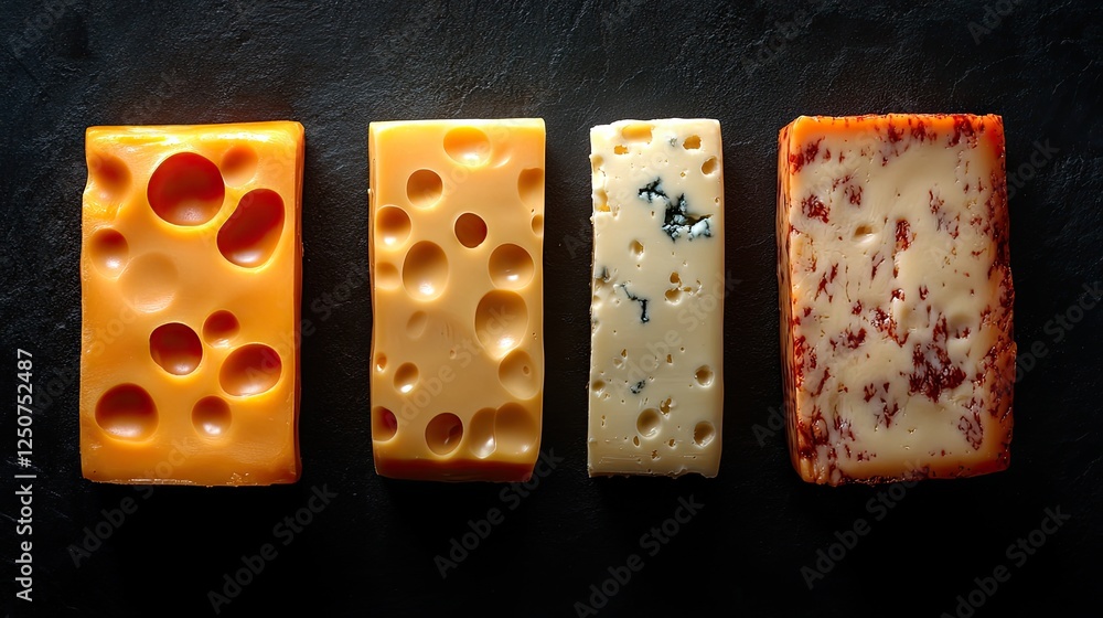 Three types of cheese on a black background: on the left, a cluster of ...
