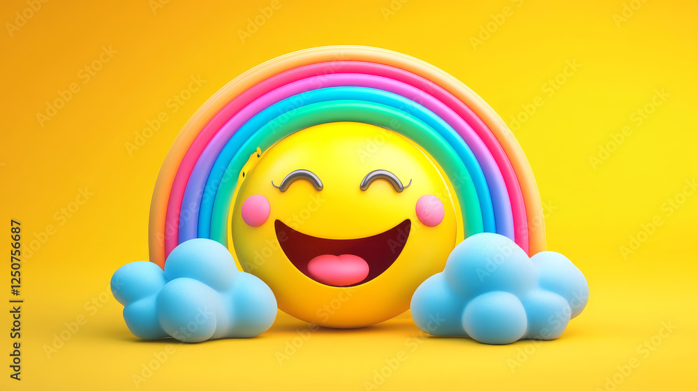 Groovy yellow smile face retro hippie character with rainbow barf ...