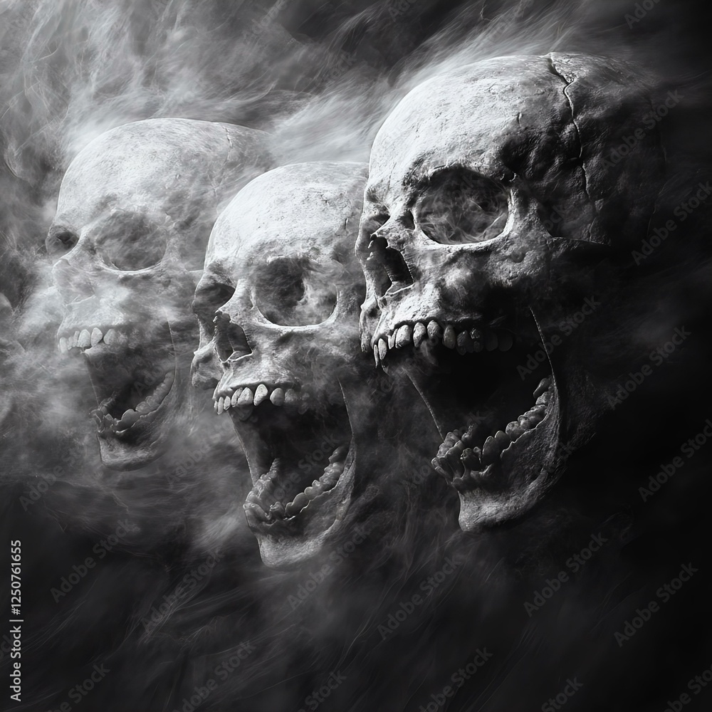 Three terrifying skulls rising from smoke, creating an eerie and ...
