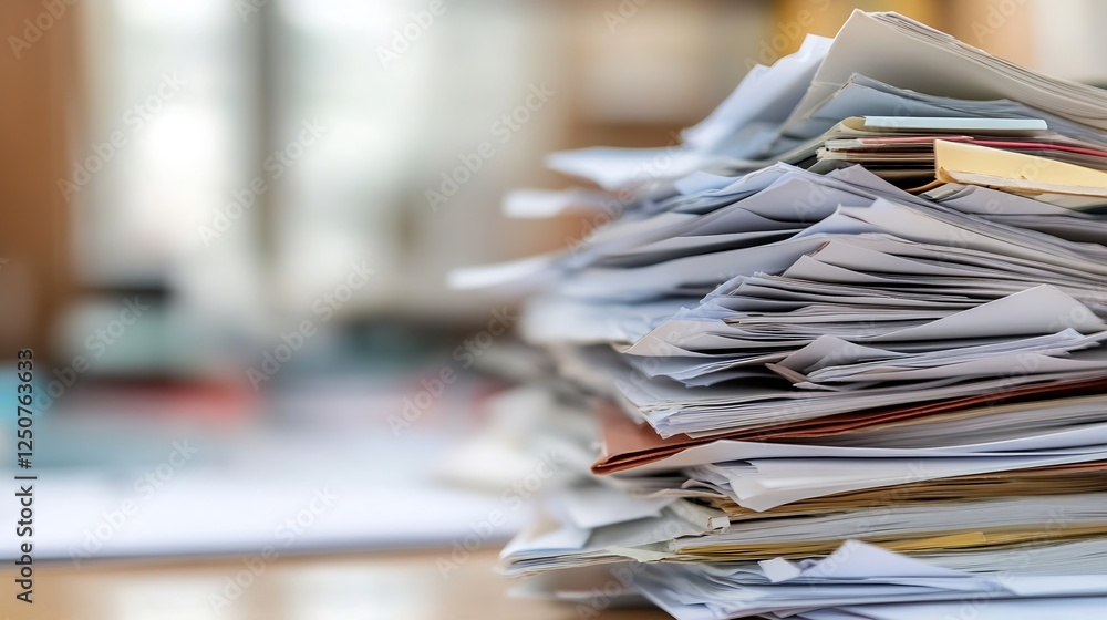 Messy stack of paperwork overflowing on a desk creating clutter in a ...