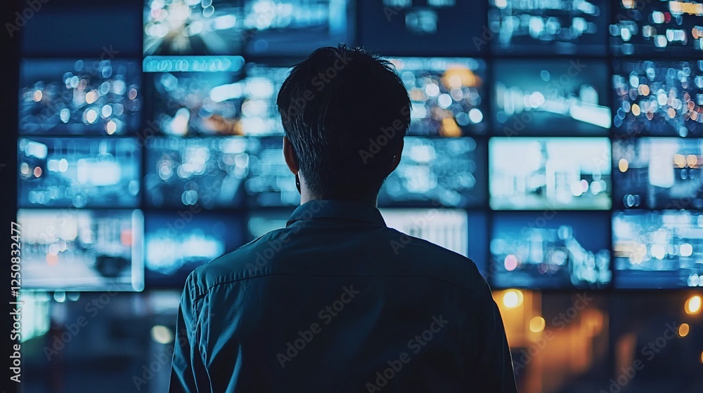 Illustration Stock Man monitoring security screens; city night view ...