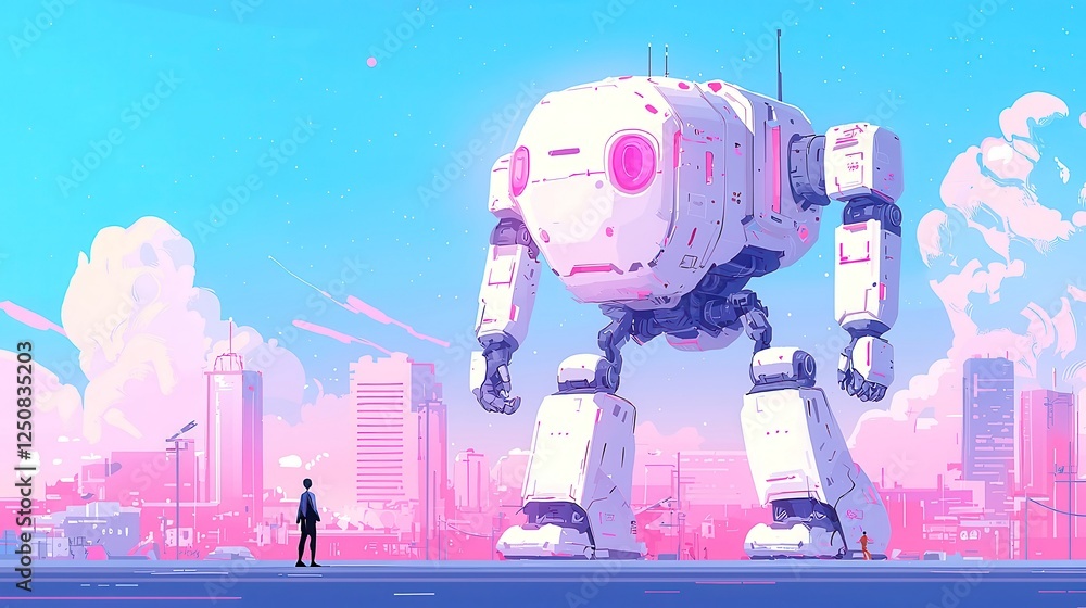 Giant Friendly Robot in Tiny Town, a whimsical doodle depicting a large ...