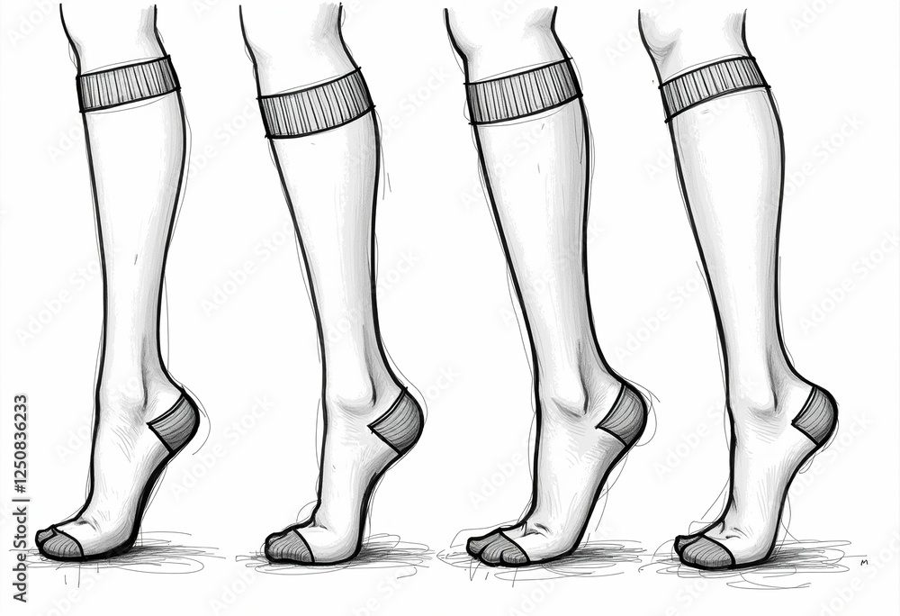 Unisex Mid-Calf & Quarter Crew Socks CAD Template: Fashion Flat Sketch ...