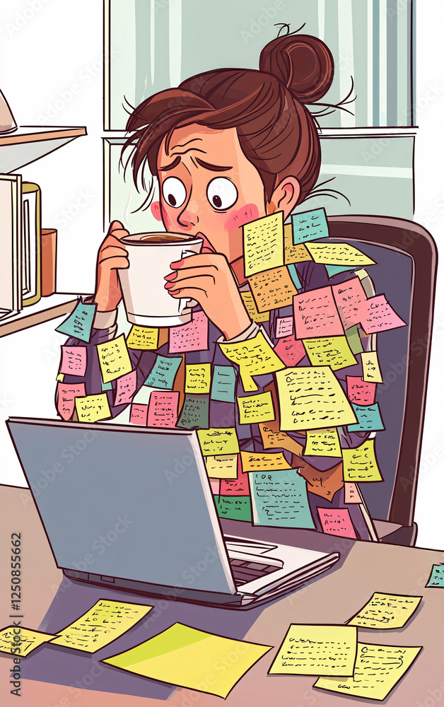 Cartoon illustration of an overworked office worker covered in sticky ...