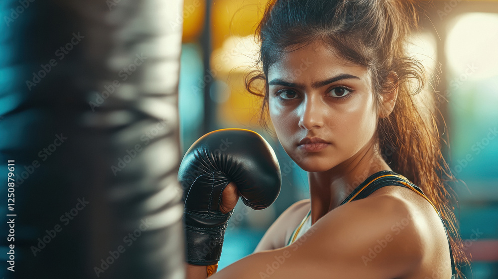 Young Indian lady kickboxing exercise workout punching bag tough female ...