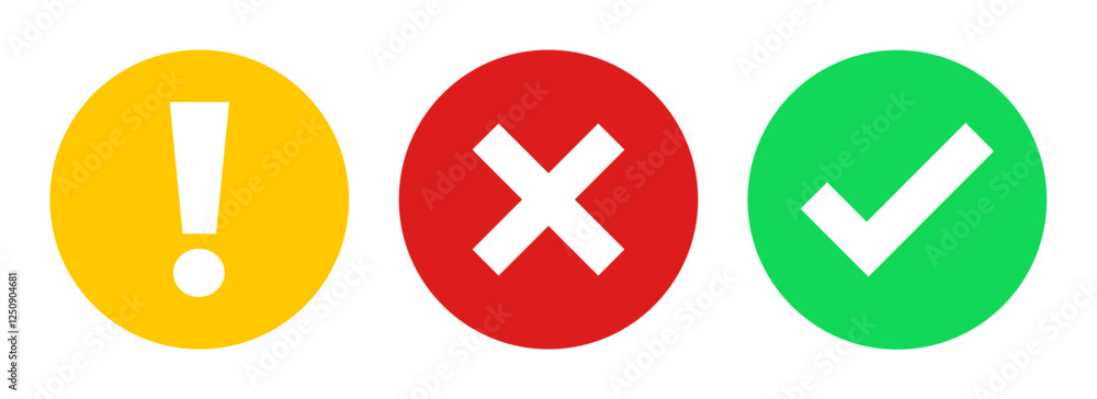check mark icon, set of green tick mark, exclamation point, red cross ...