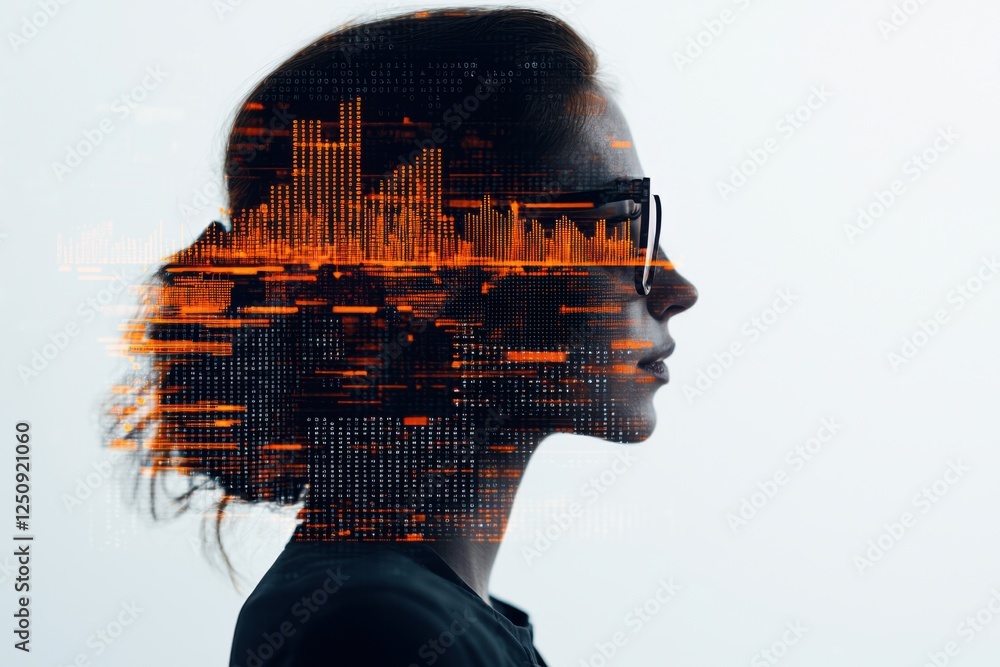 Futuristic technology driven industrial finance landscape depicted in a digital portrait ...